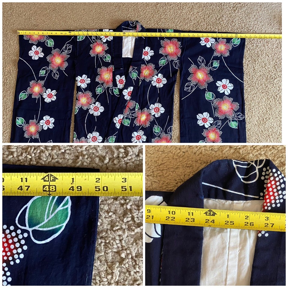 (S) Blue YUKATA Furisode Style Cotton kimono indigo Flower White Red ...