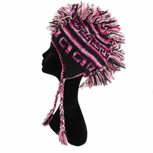 MOHAWK PUNK HAT WOOL HIPPY FESTIVAL EARFLAP BEANIE LINED BLACK PINK ...