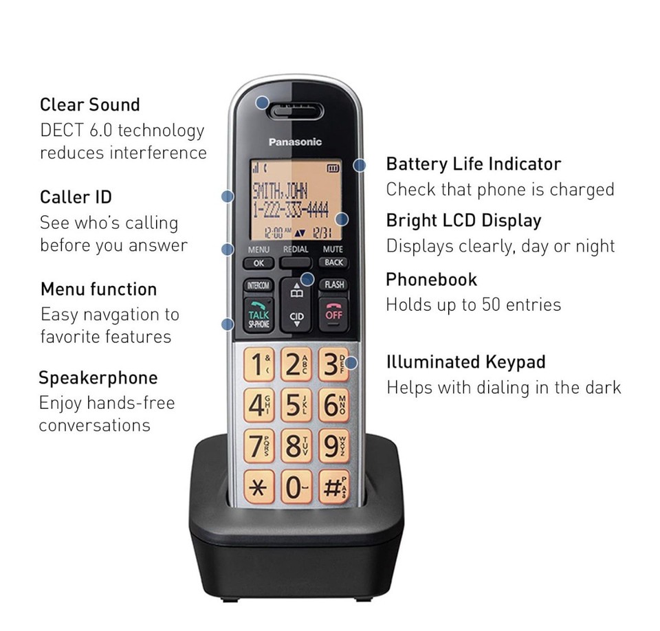 Panasonic Compact Cordless Phone With DECT 6.0 And Illuminated HS ...