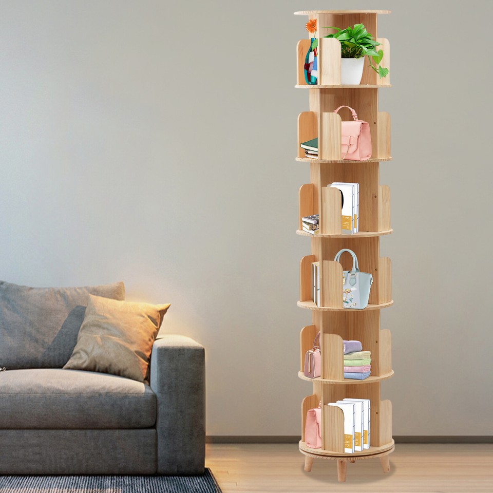 360° Rotating Bookshelf Wood Bookcase Storage Shelf Freestanding ...