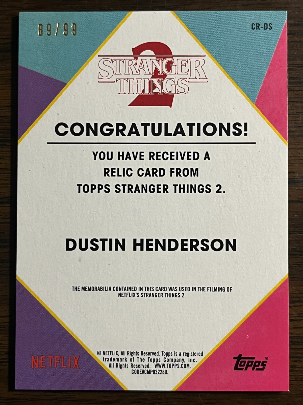 2019 Topps Stranger Things 2 #CR-DS Dustin Henderson Costume Relic ...
