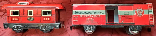 2 Vintage Red Marx Tin Lithograph O Scale Mar Lines Train Cars ...