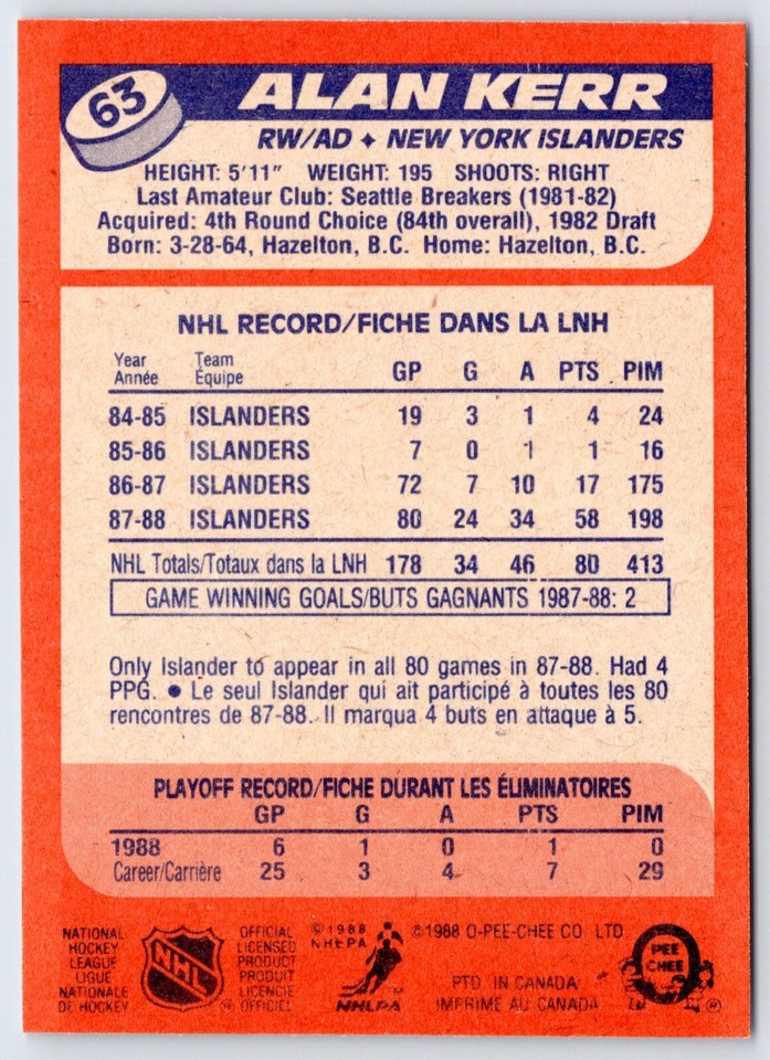 ALAN KERR RC 1988-89 O-PEE-CHEE 88-89 NO 63 NRMINT+ 40815 | eBay