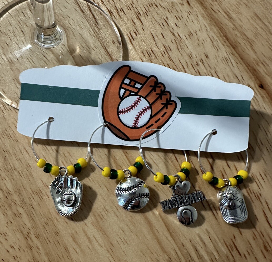 Baseball Wine Charms, Four Wine Charms, Green Yellow Baseball Wine ...
