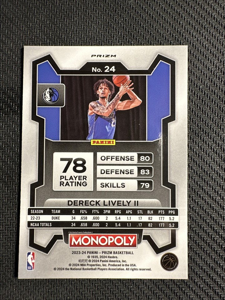 Dereck Lively II 2023-24 Monopoly Prizm RC - Purple Wave Prizm Card ...