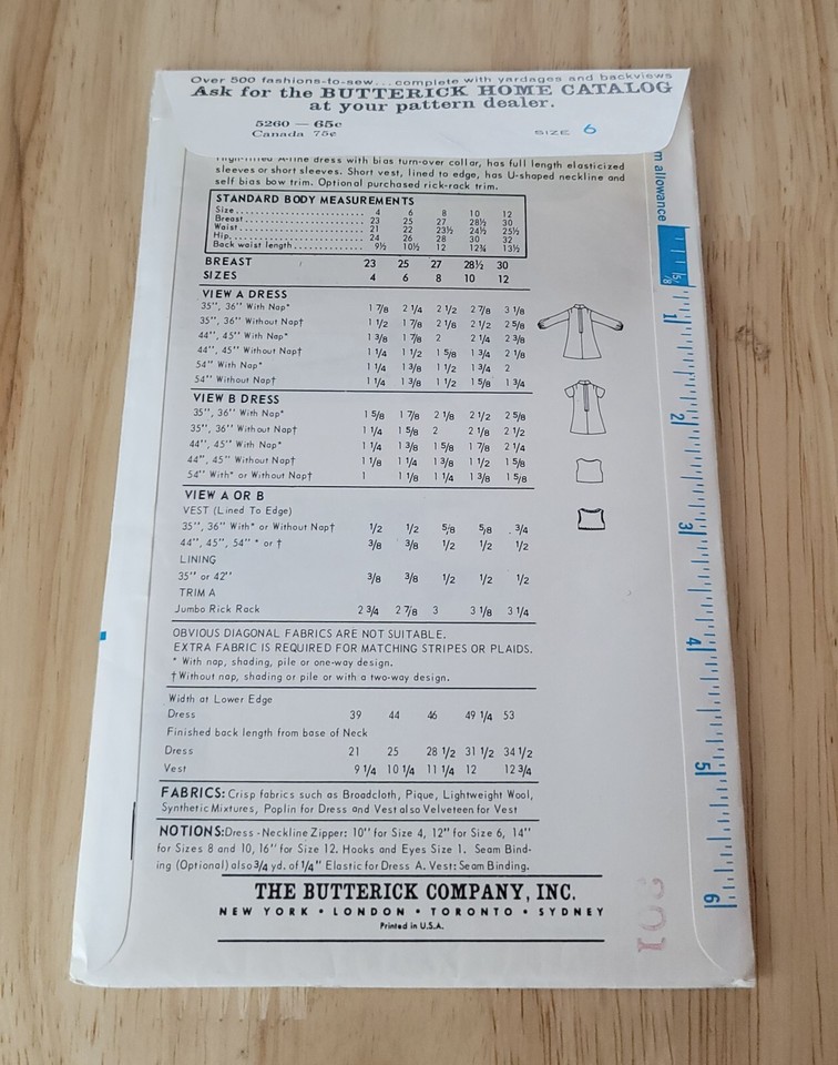 Butterick Pattern Vintage GIRLS A-LINE DRESS #5260 Size: 6 ©1960s UNCUT ...