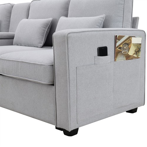 Modern Upholstered Linen Sofa Couch With Console,Cupholders,USB Ports,4 ...