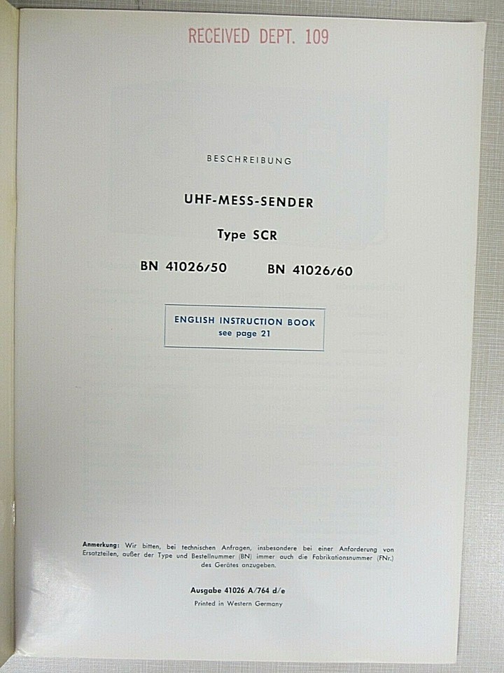 Rhode & Schwarz UHF-MESS-SENDER Type SCR BN 41026/50 & 60 Instruction ...