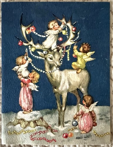 Vintage Christmas Angel Deer Reindeer Moose Greeting Card 1930s 1940s ...