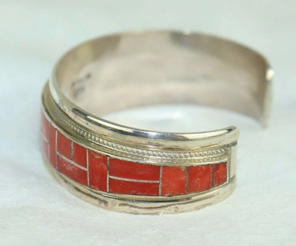 Zuni Sterling Silver Inlay Red Coral Cuff Bracelet - RGB Booqa | eBay
