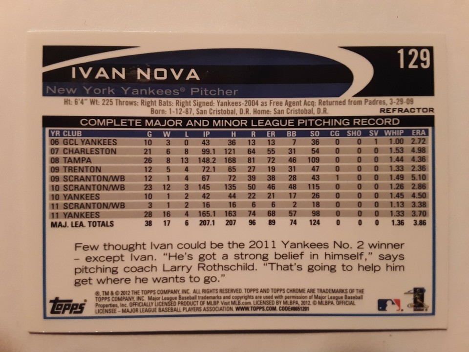 2012 Topps Chrome Purple Refractors IVAN NOVA #129 New York Yankees | eBay
