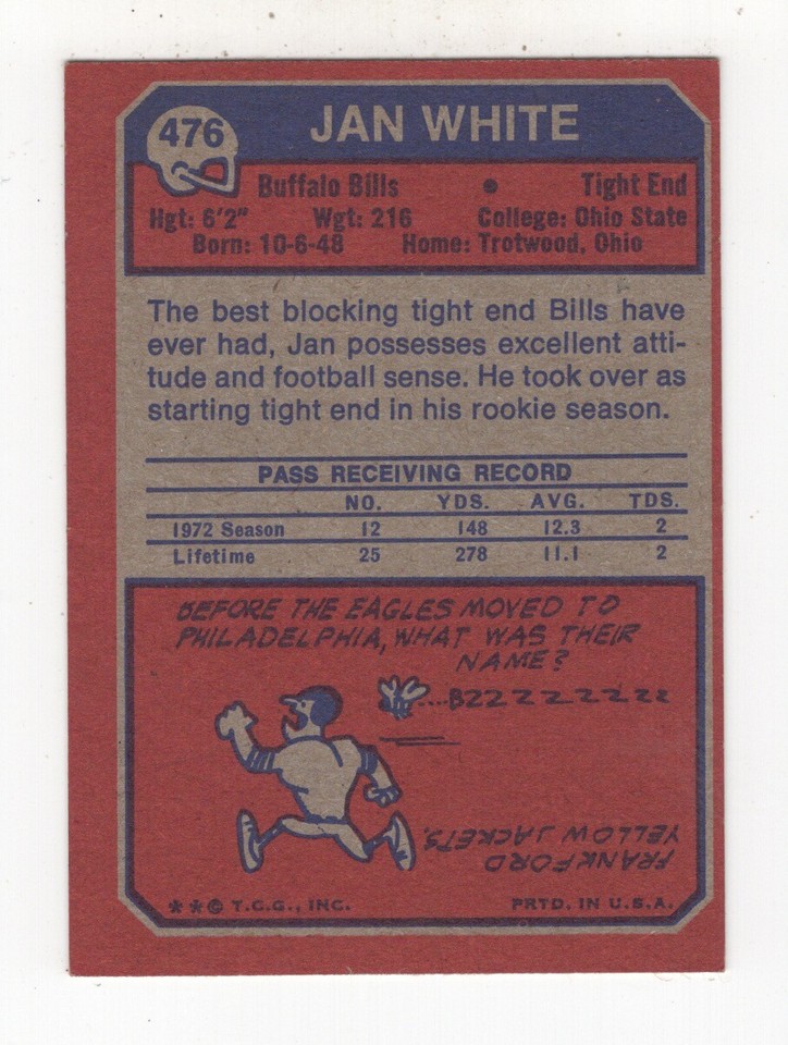 1973 TOPPS FOOTBALL ROOKIE JAN WHITE BUFFALO BILLS #476 | eBay