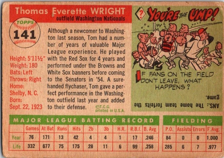 Tom Wright 1955 Topps #141 Washington Senators | eBay