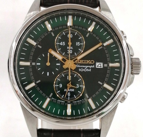 Seiko Chronograph 7T62-0LD0 Date 10Bar Green Silver Round Quartz Mens ...