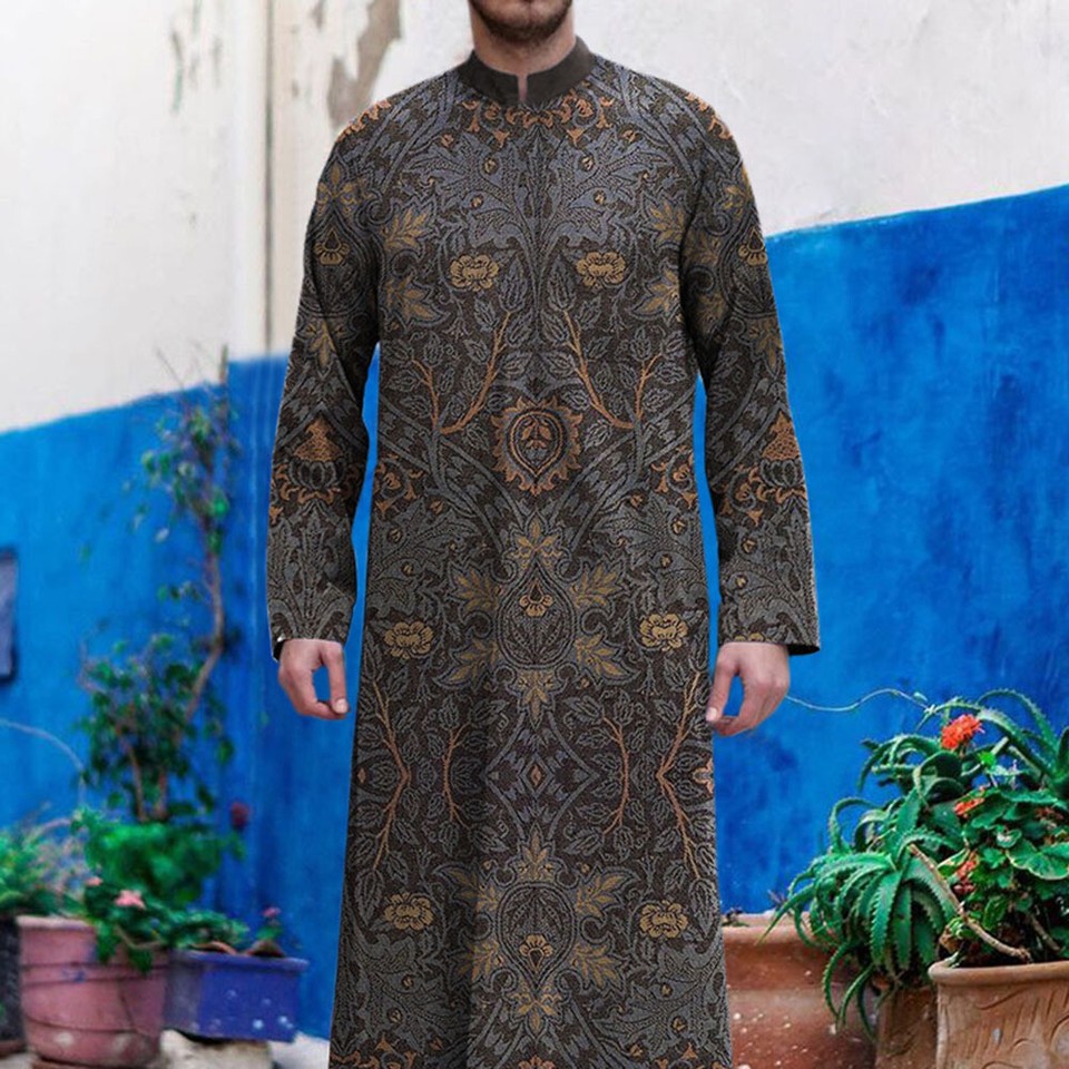 Men's Middle Eastern Clothes Long Sleeve Muslim Islamic Round Neck Flax ...