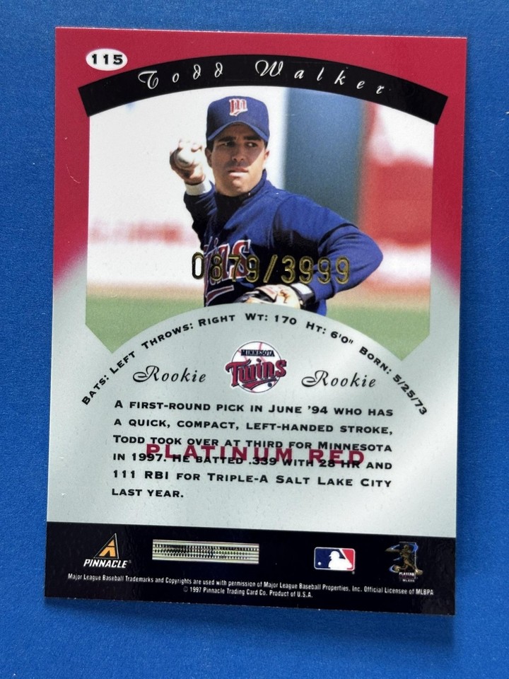 1997 Pinnacle Totally Certified #115 Todd Walker Minnesota Twins #/3999 ...