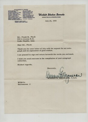 Washington Senator Warren Magnuson SIGNED 1955 letter - Representative ...