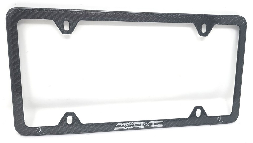 AMG Shaded Silver Text & Mercedes Logo 4 Hole Slim Carbon Fiber License ...