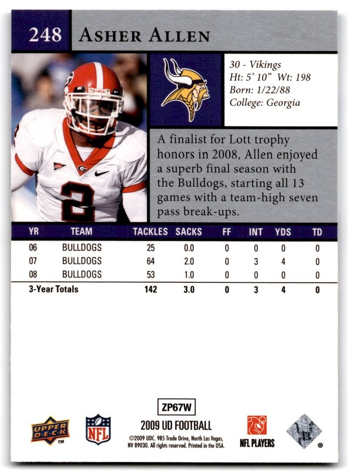 2009 Upper Deck Asher Allen RC Minnesota Vikings #248 | eBay