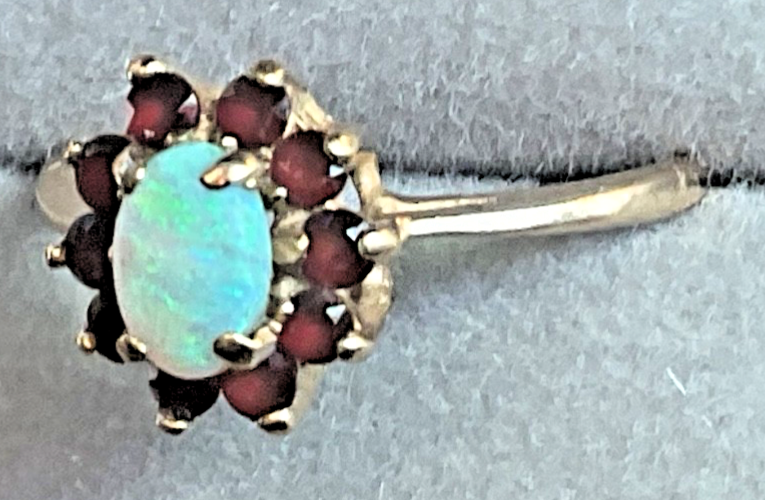 10K Yellow Gold Opal & Garnet Ring Oval White Opal with Red Garnet Halo ...