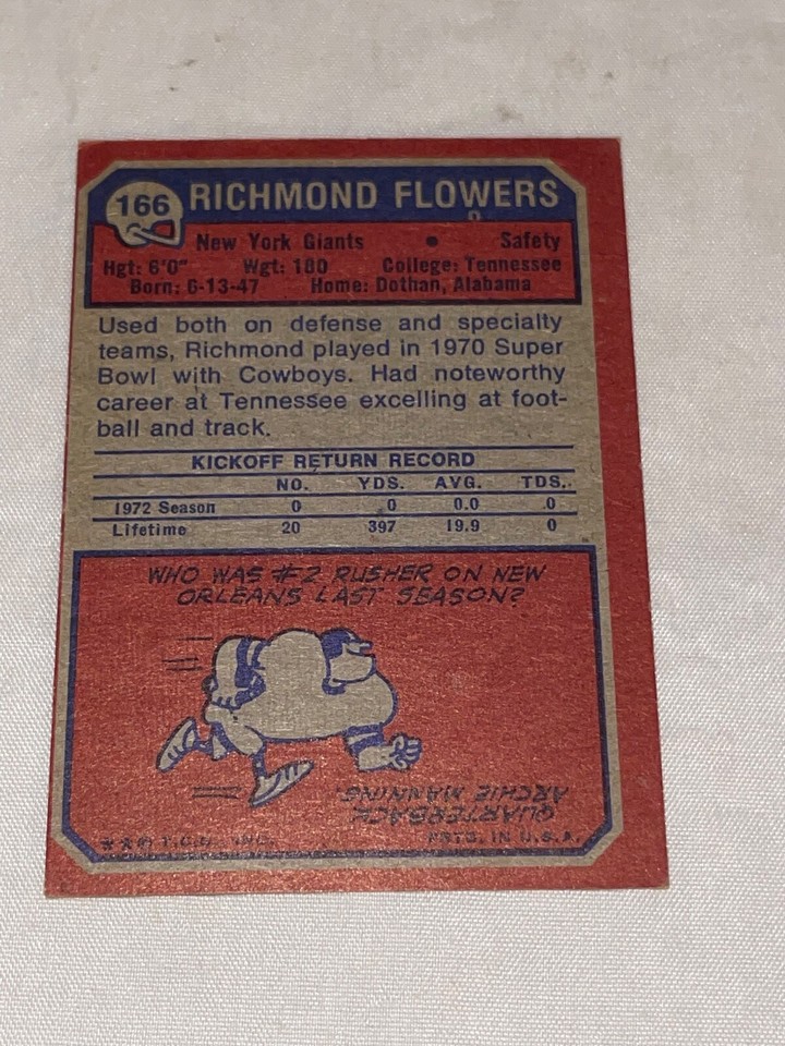 1973 New York Giants Richmond Flowers NFL Topps Football #166 Trading ...