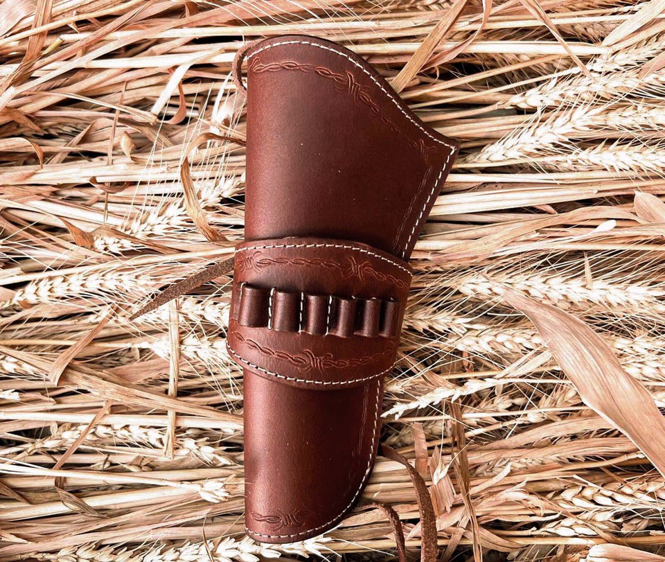 22/45/38/357 CAL TOOLED AMMO HOLSTER GUN DROP LOOP LEATHER WESTERN FAST ...