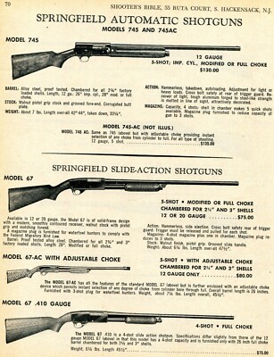 1970 Print Ad of Springfield Model 745 67 745AC 67AC Adjustable Choke ...