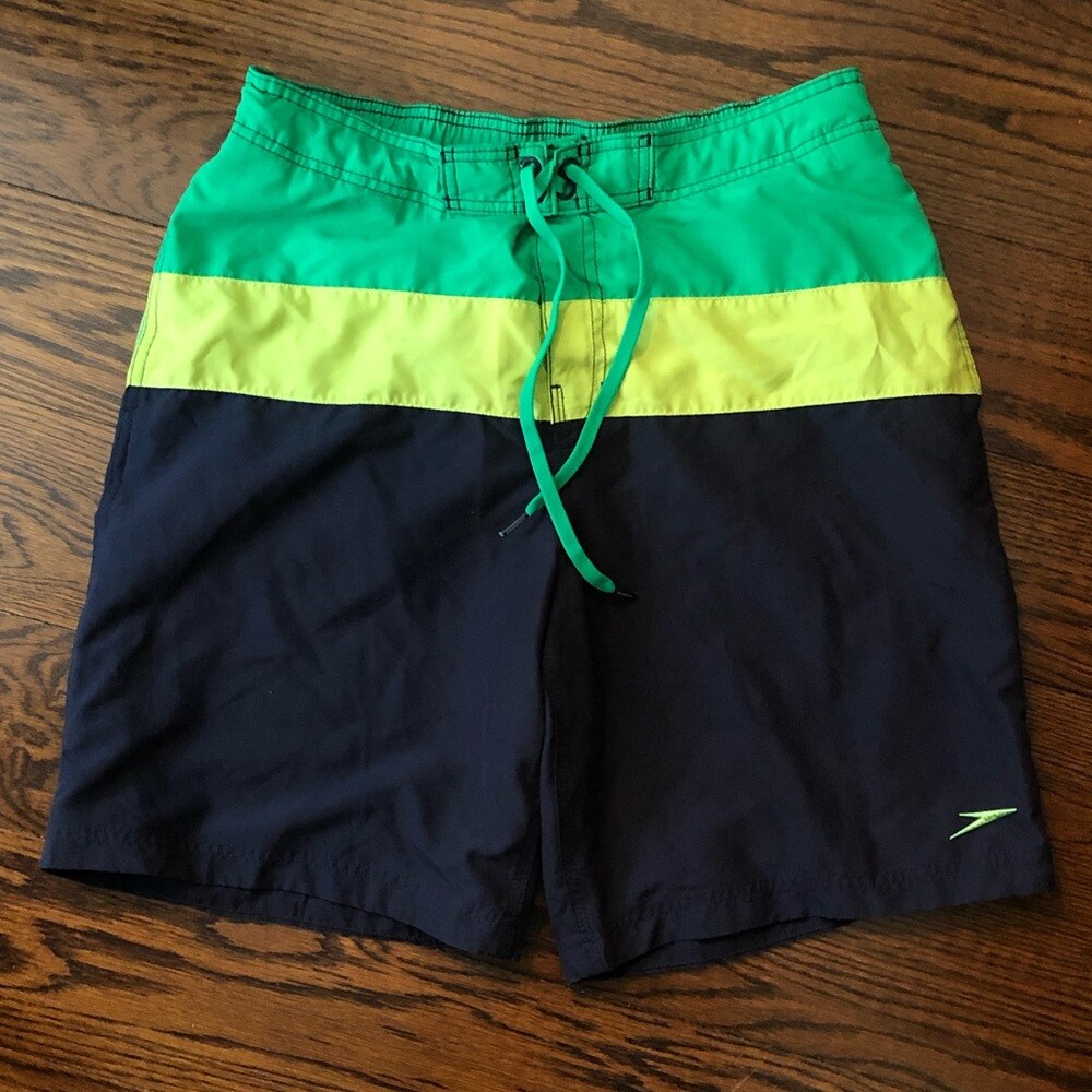 SPEEDO Mens Rugby Stripe Green Navy Blue Yellow Swim Trunks With Lining ...