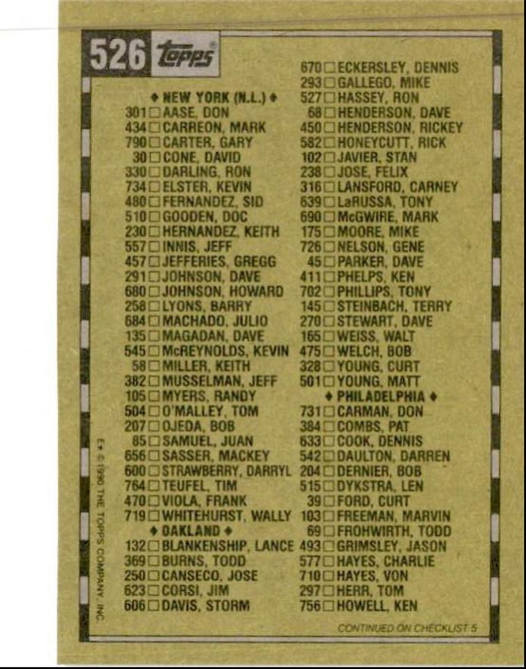 1990 Topps Baseball Cards Checklist . #526 | eBay