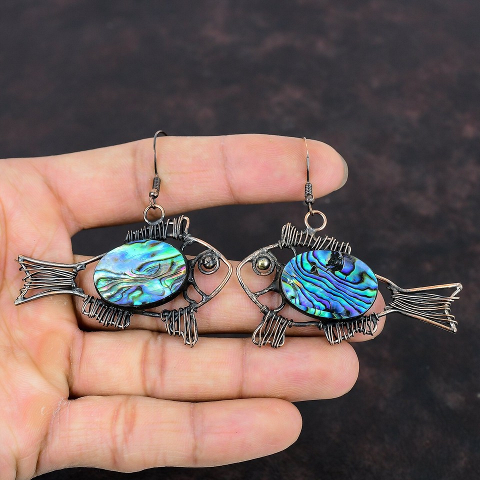 Abalone Shell Copper Gift For Bestie Wire Wrapped Fish Earrings 2.28 ...