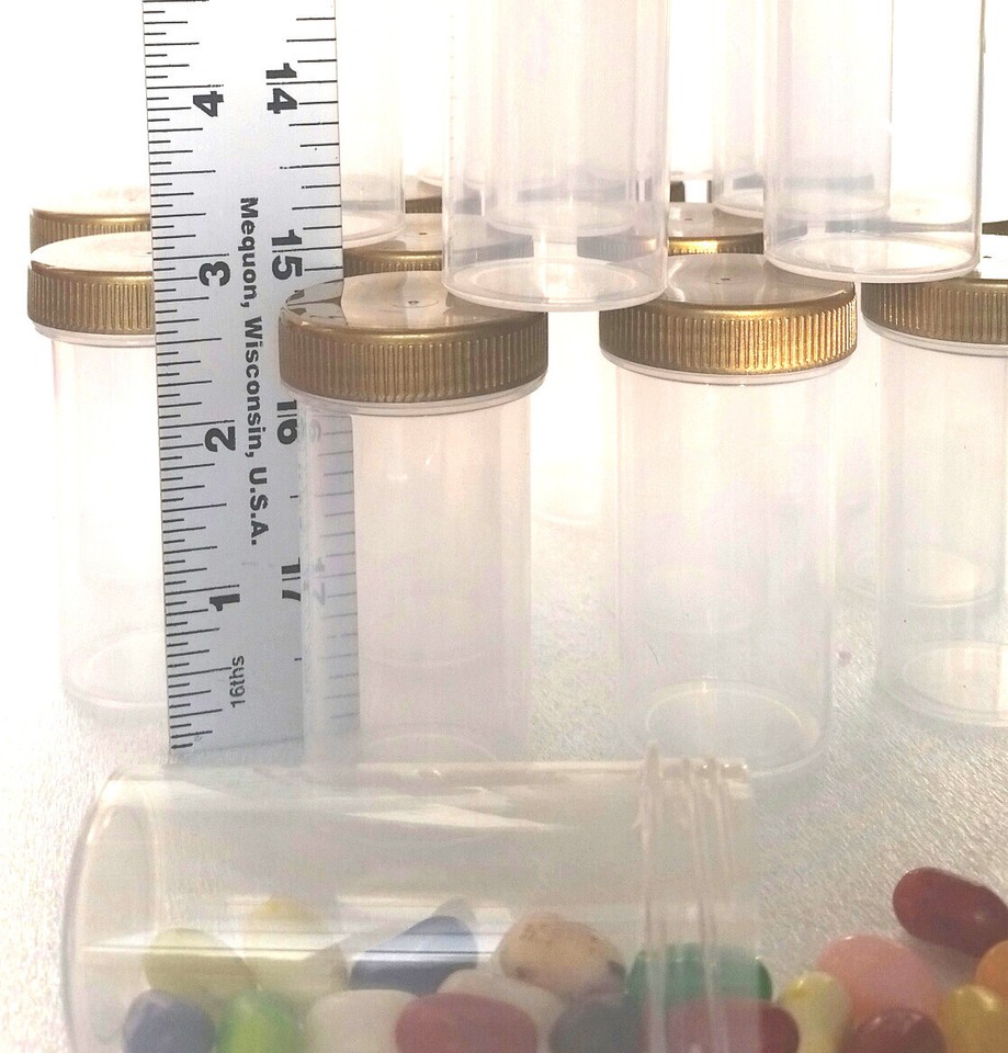 18 Clear Plastic Tube Bottle JARS Gold Caps Wedding Grad Party Candy ...