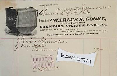 1888 Billhead CHARLES E. COOKE Kansas City MISSOURI stoves hardware tin ...