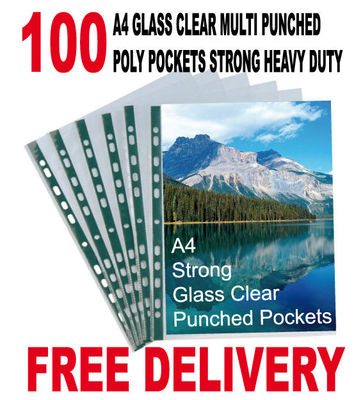 100 A4 GLASS CLEAR MULTI PUNCHED POLY POCKETS HEAVY DUTY STRONG 50 ...