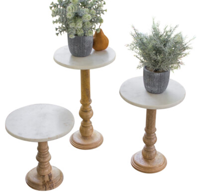 Round White Marble Top Wood Display Stand Set 3 Pedestal Riser Vintage ...