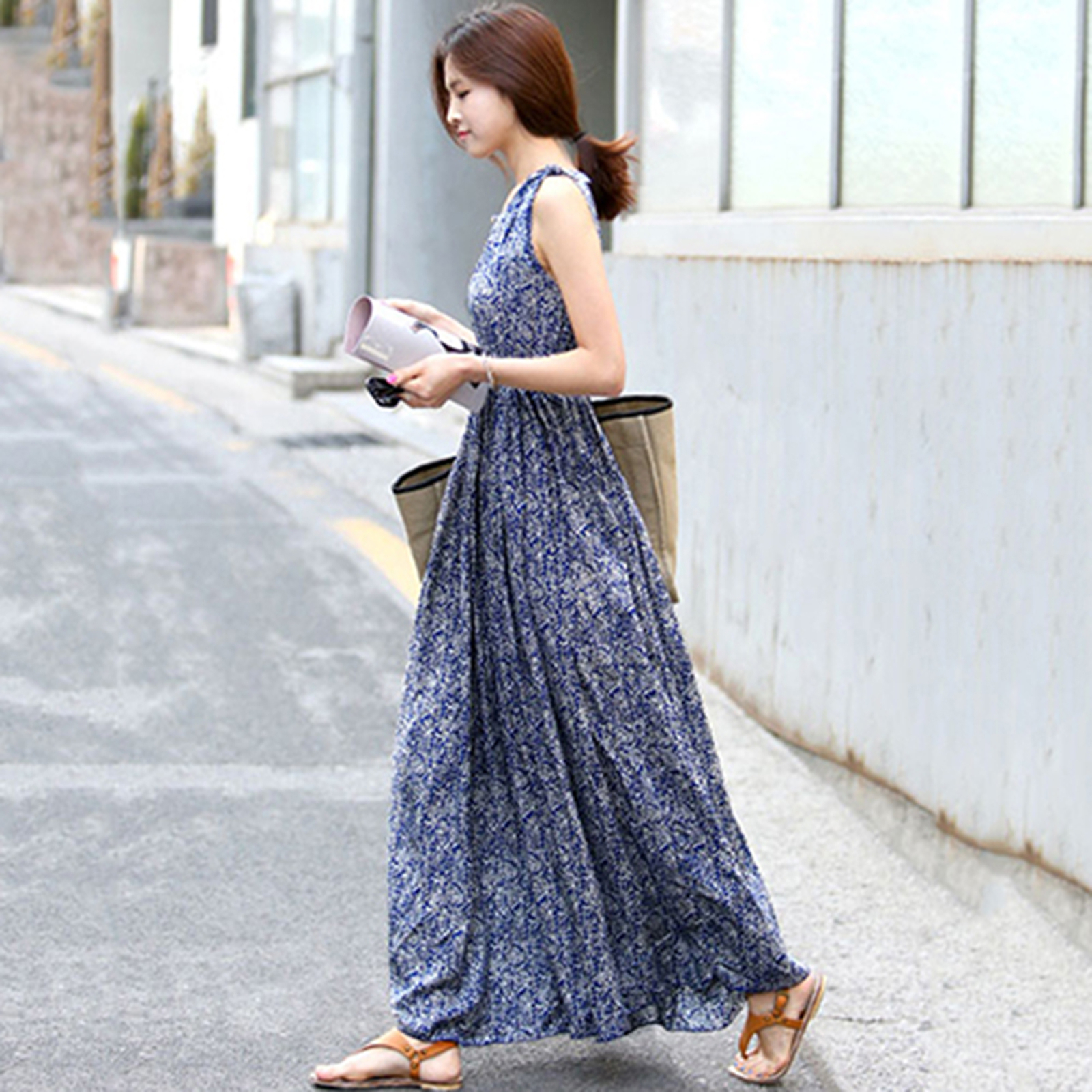 Long Dress Slim Fit Floral Printed Round Neck Long Dress Cotton Blend ...