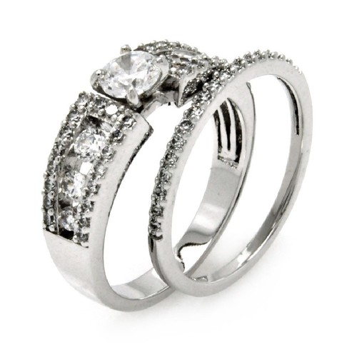 Sterling Silver 2-pcs Engagement Wedding CZ Ring Set w/ 5 mm (0.50 ct ...