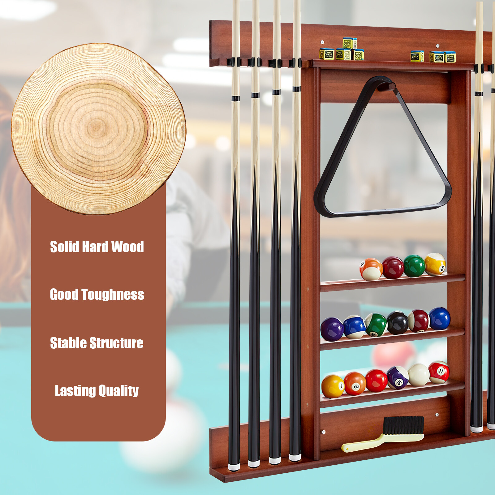 Billiards Pool Cue Rack Cute Stick Holder w/ 3-Tier Ball Groves & Peg ...