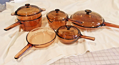 VTG CORNING VISION Pyrex Amber Cookware 10 Piece Lot Pots Lids USA ...