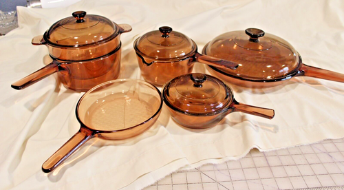 VTG CORNING VISION Pyrex Amber Cookware 10 Piece Lot Pots Lids USA ...