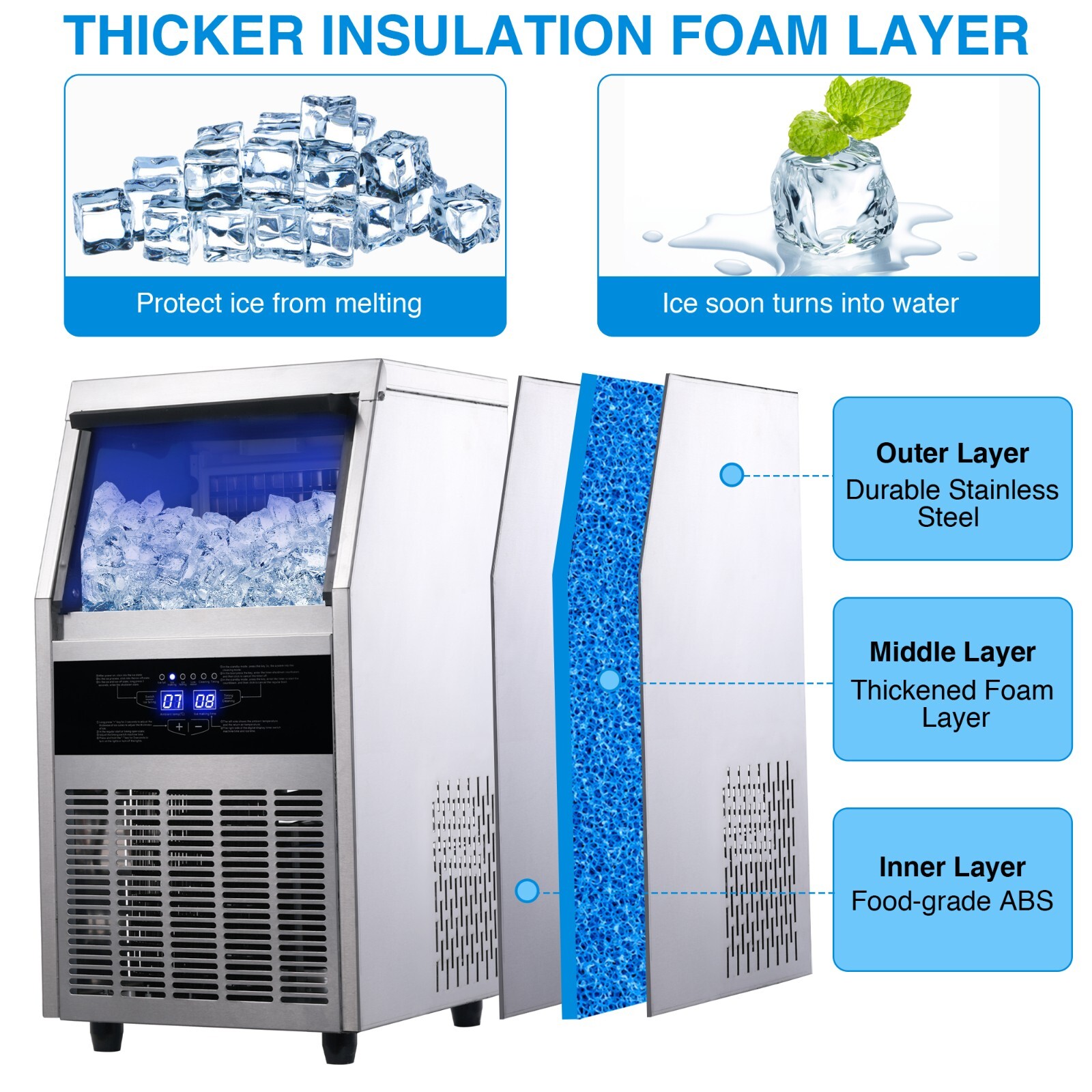 Commercial Ice Maker 150lbs Stainless Steel Built-in Cube Machine Bar ...