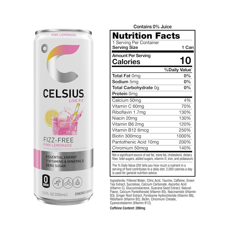 CELSIUS Fizz Free Pink Lemonade, Sugar Free Energy Drink, 12 Fl Oz ...