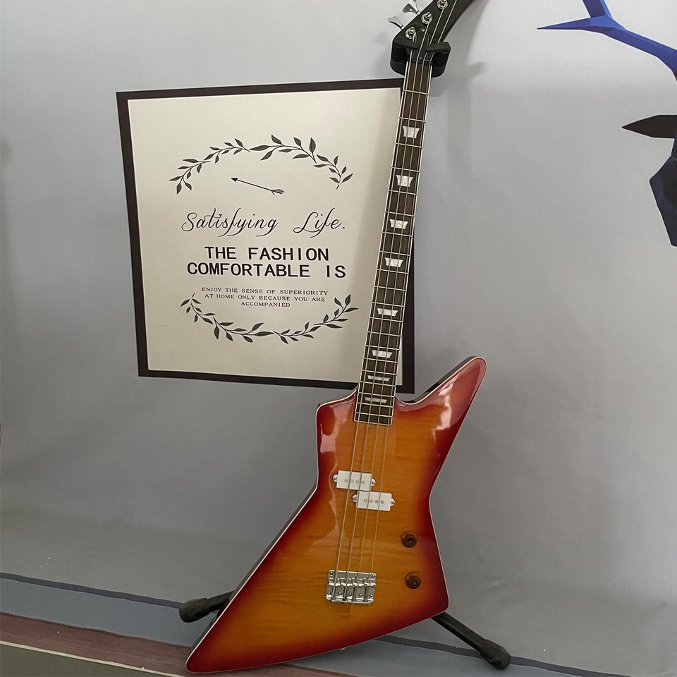 Cherry Sunburst Explorer Electric Bass Guitar 4 Strings Flame Maple Top ...