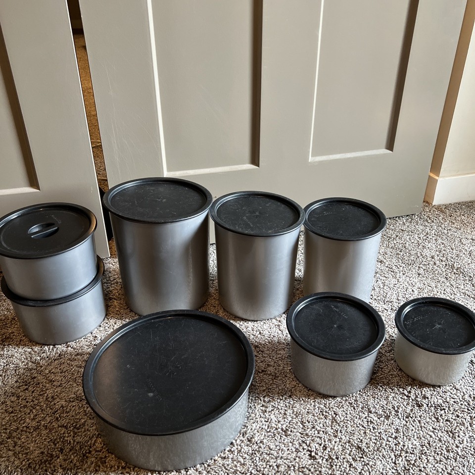 Set Of 9 Tupperware One Touch Canister Set Silver W/ Black Lids Y2K VTG ...
