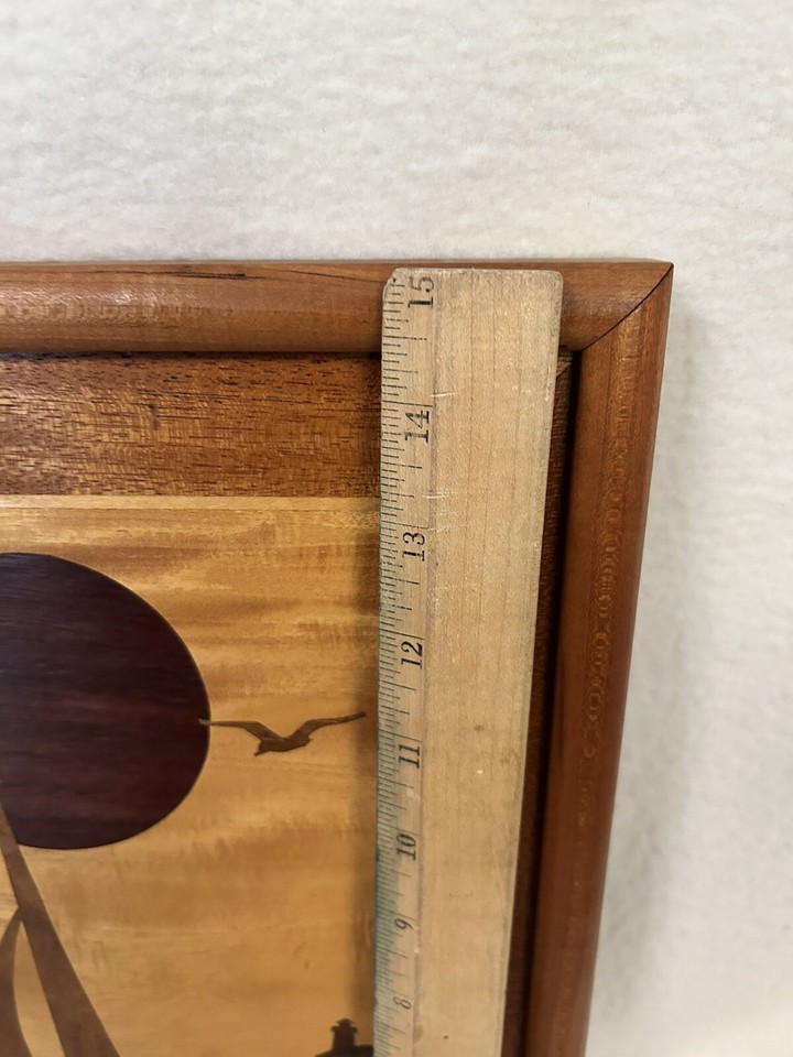 MCM RARE Vintage Wood Marquetry Inlay Picture Sailboat & Lighthouse USA ...