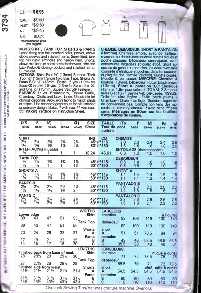 3734 Vintage Butterick SEWING Pattern Mens 1980s Shirt Tank Top Shorts ...