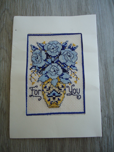 Handmade Cross Stitch Card Blue Roses Floral For You 5x7 Needlework Art ...