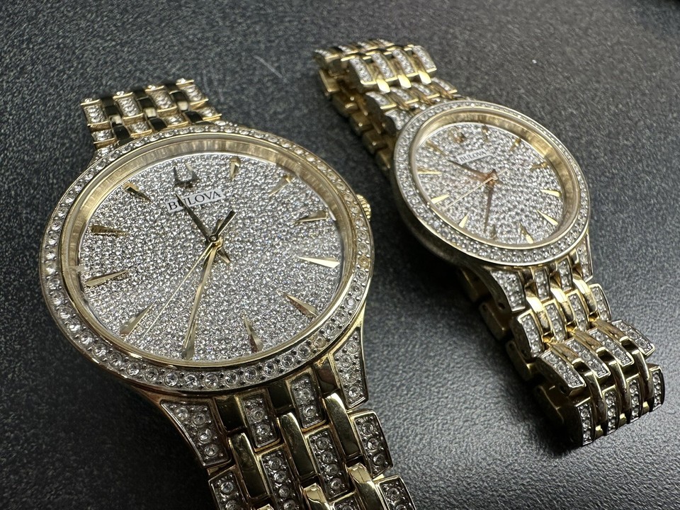 HIS & HER'S Bulova Phantom Quartz Pave Dial Crystal Gold-Tone Band ...