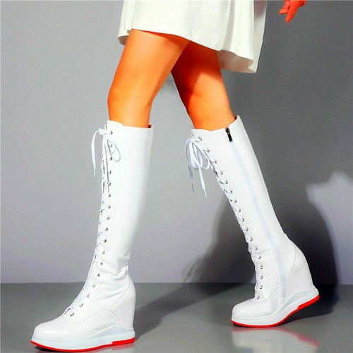 Size34-46 Fashion Sneakers Women Cow Leather Platform Wedge Knee High ...