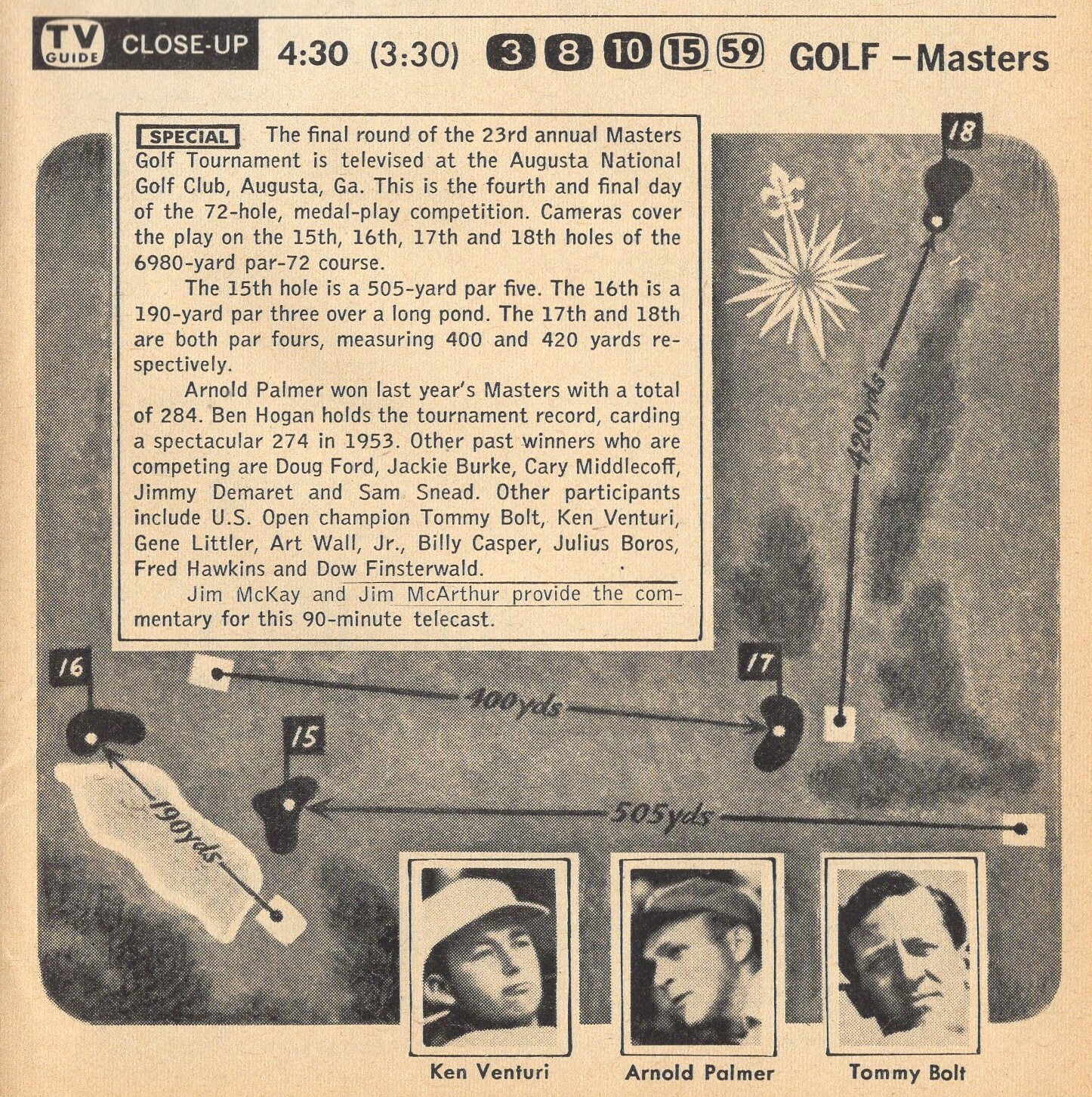 ORIGINAL 1959 TV AD MASTERS GOLF FINAL RD TOMMY BOLT KEN VENTURI ARNOLD ...
