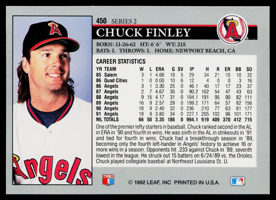 1992 Leaf #450 Chuck Finley California Angels | eBay
